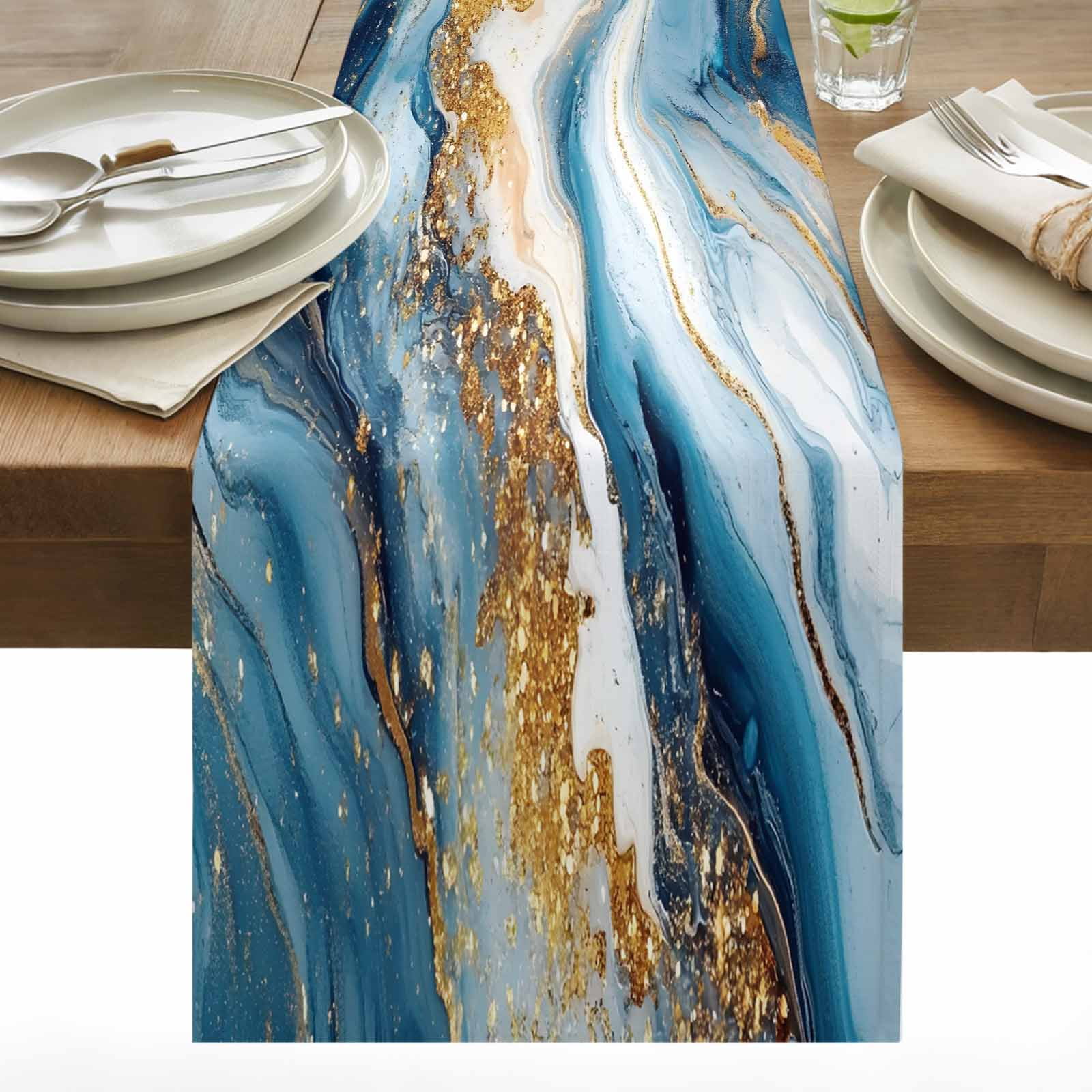 Abstract Marble Texture Table Runner 13x60 inch Blue Gold White ...