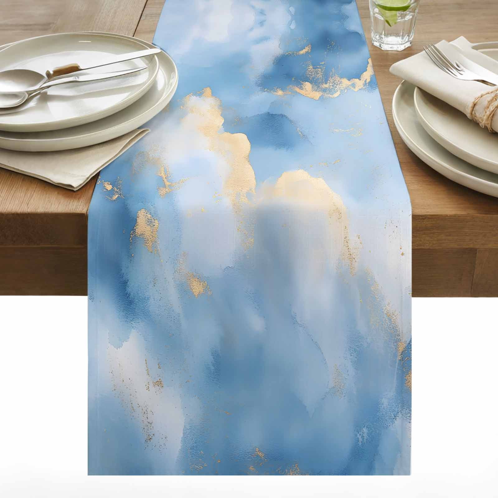 Abstract Marble Texture Table Runner 13x60 inch Blue Golden Gradient ...