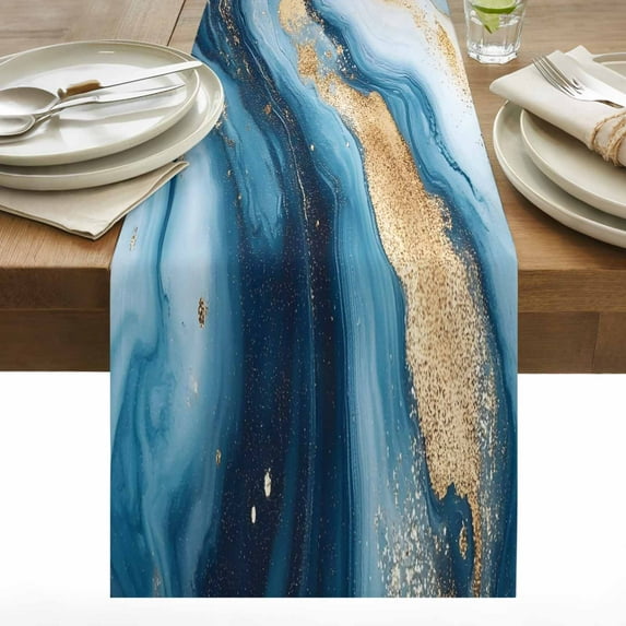 Abstract Marble Texture Table Runner 13x60 inch Blue Shinny Gold ...