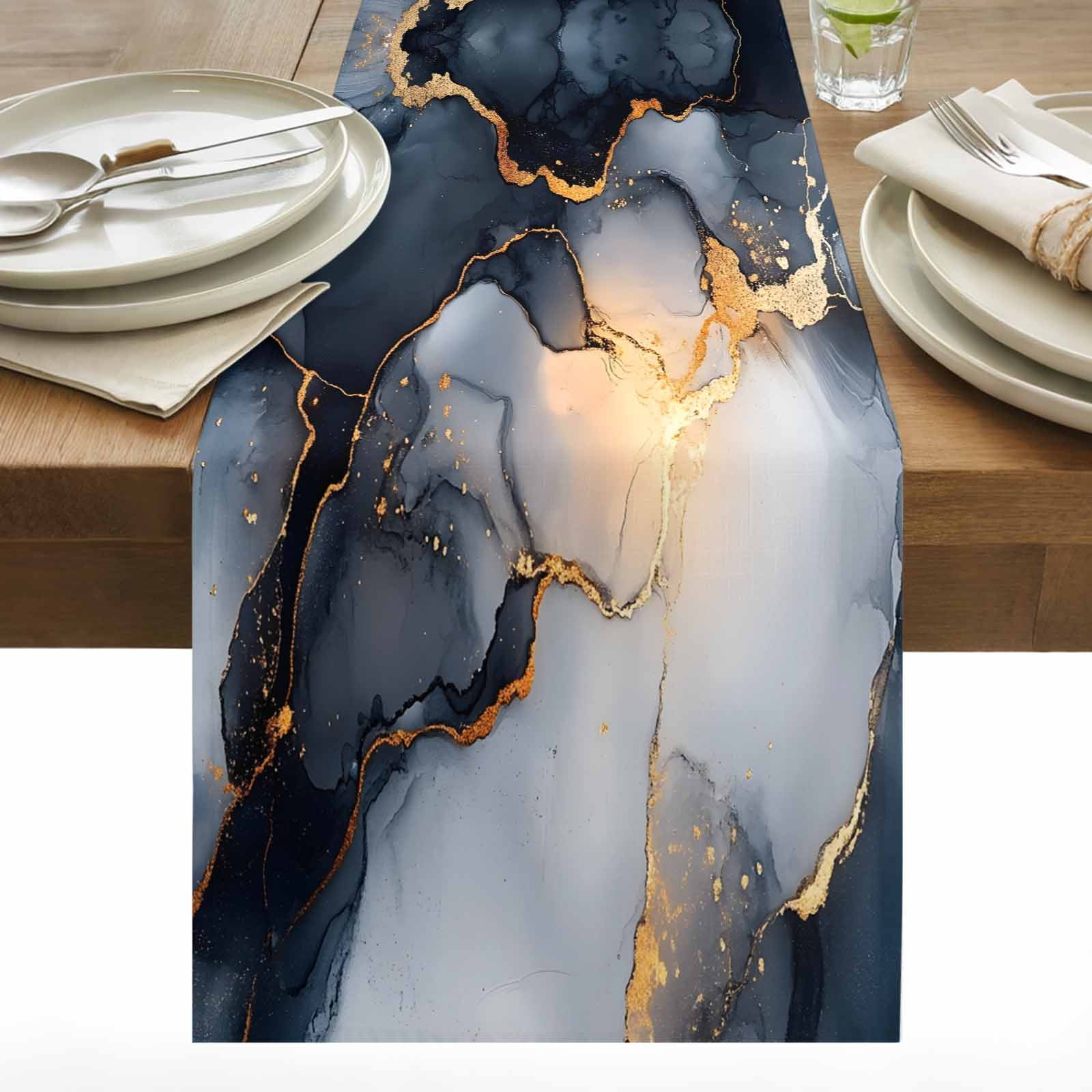 Abstract Marble Texture Table Runner 13x60 inch Gold Crack Black White ...