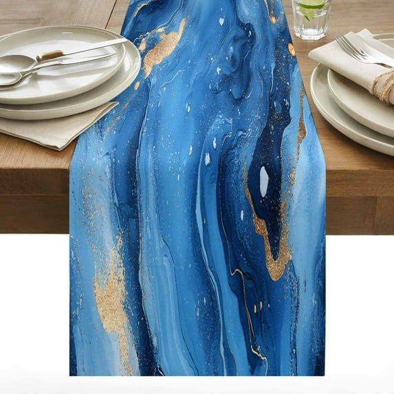 Abstract Marble Texture Table Runner 13x60 inch Gradient Blue Gold Art ...