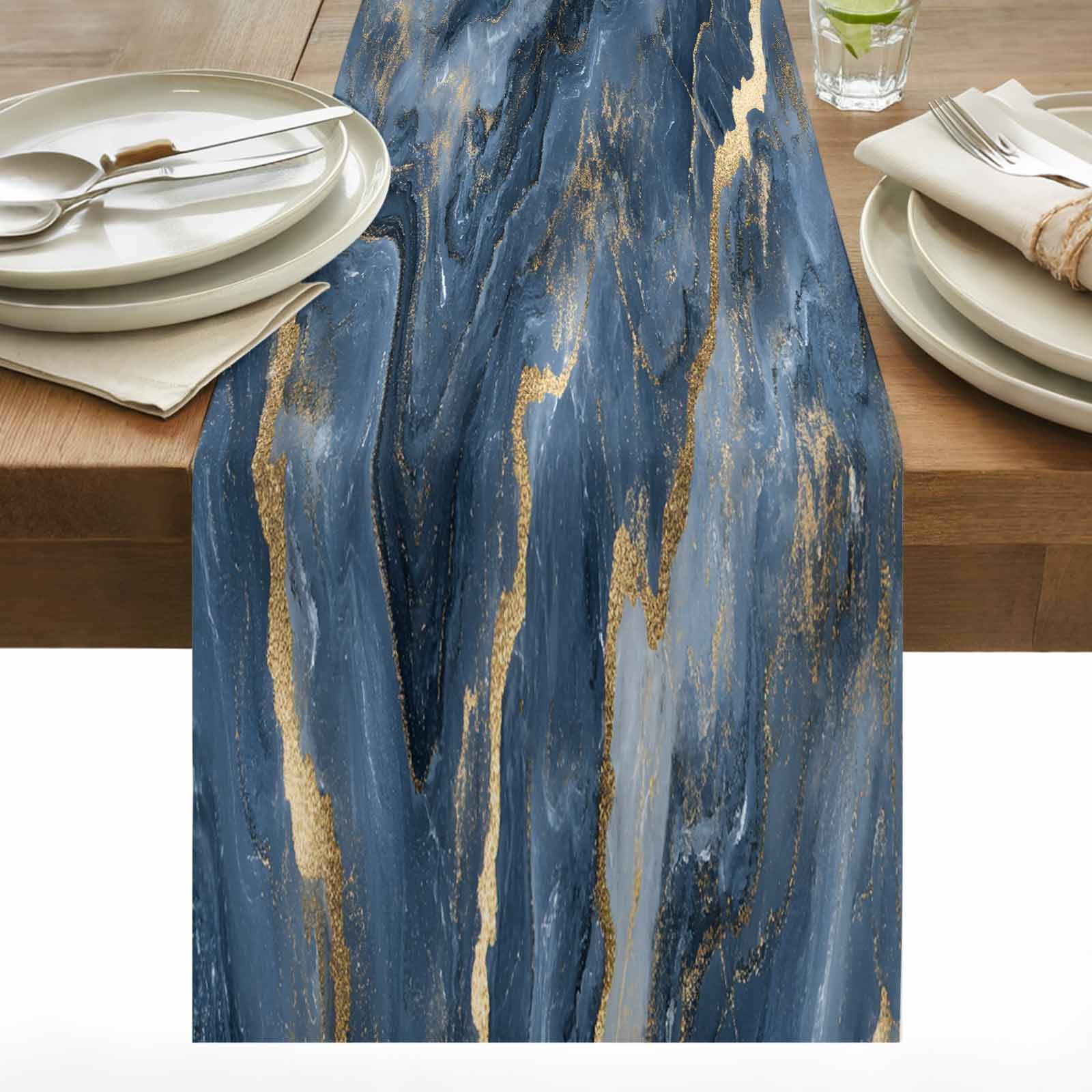 Abstract Marble Texture Table Runner 13x60 inch Gradient Blue Gold ...