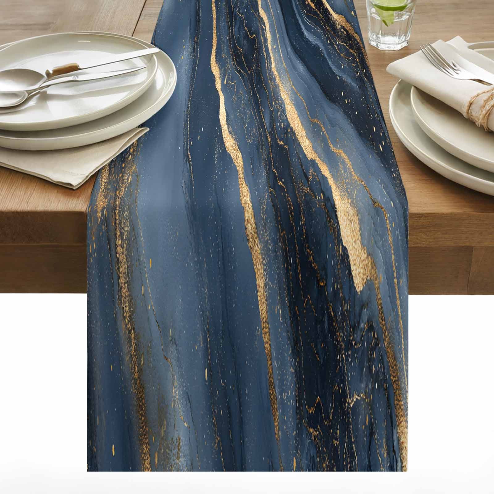Abstract Marble Texture Table Runner 13x60 inch Gradient Blue Gold Wave ...