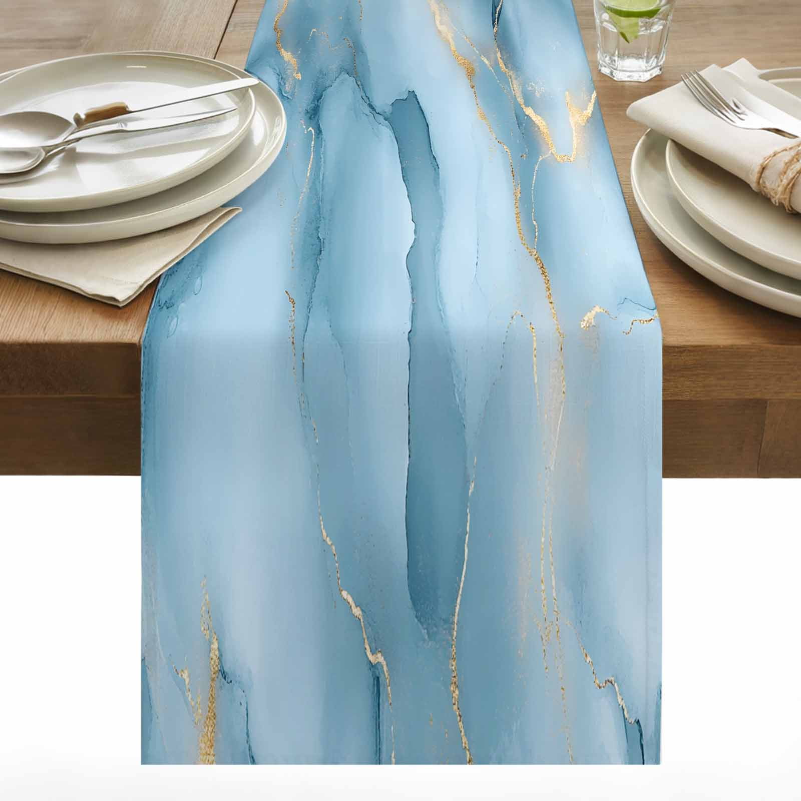 Abstract Marble Texture Table Runner 13x60 inch Gradient Gold Blue Art ...