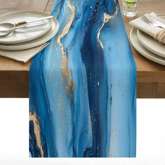 Abstract Marble Texture Table Runner 13x72 inch Blue Gold Gradient Art ...