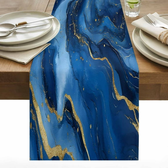 Abstract Marble Texture Table Runner 13x90 inch Blue Gold Wave Gradient ...
