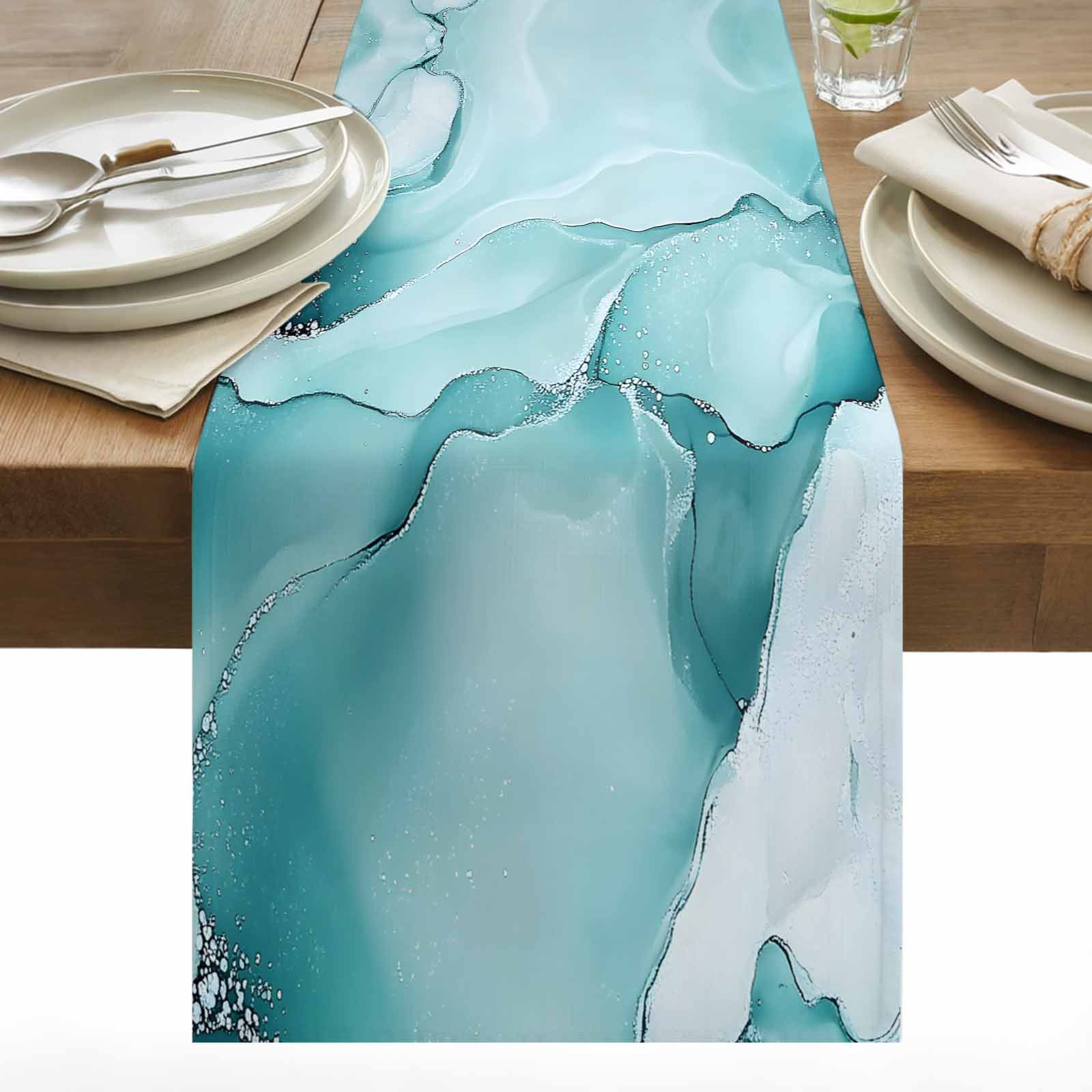 Abstract Marble Texture Table Runner 13x90 inch Blue Green Wavy Pattern ...