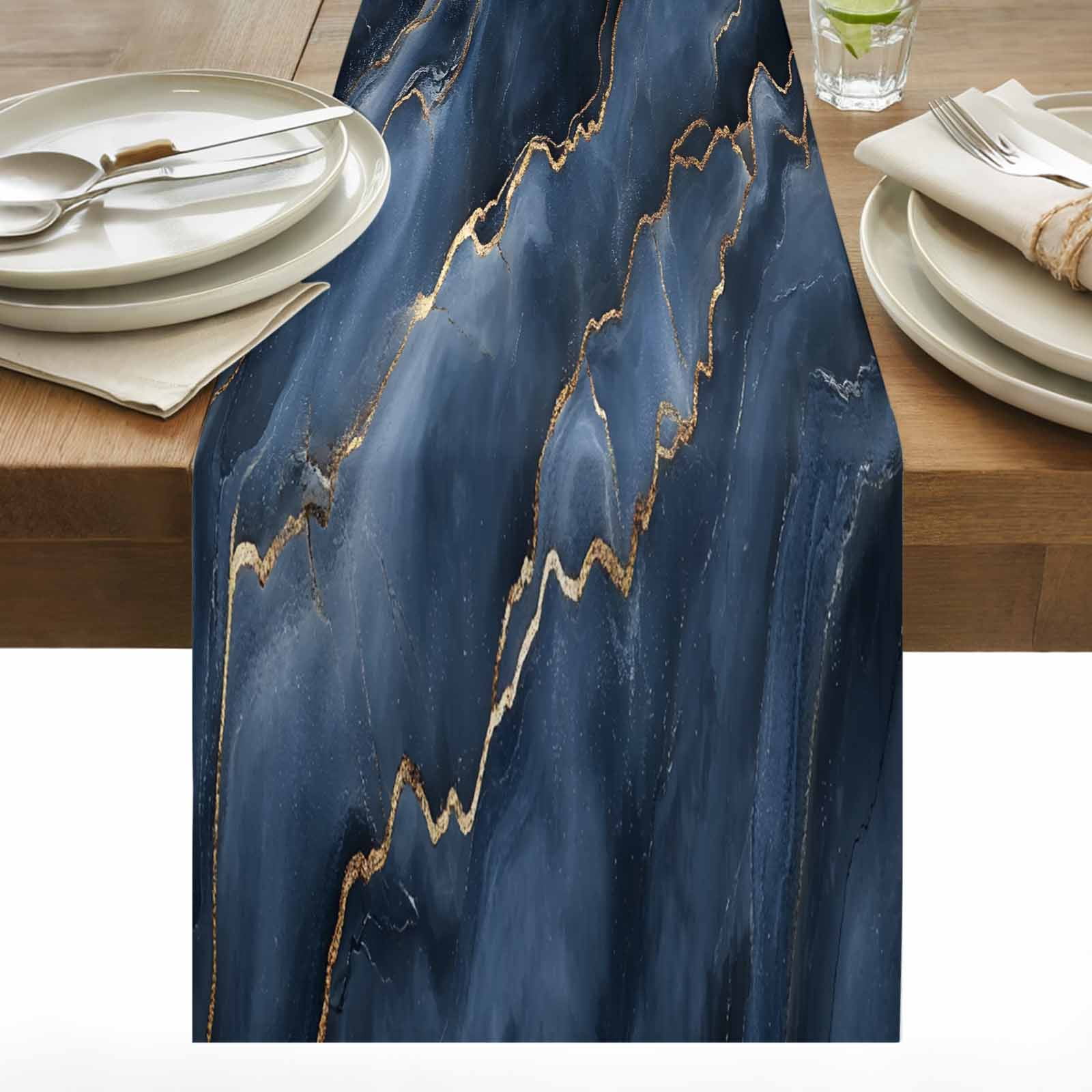 Abstract Marble Texture Table Runner 13x90 inch Deep Blue Gold Crack ...