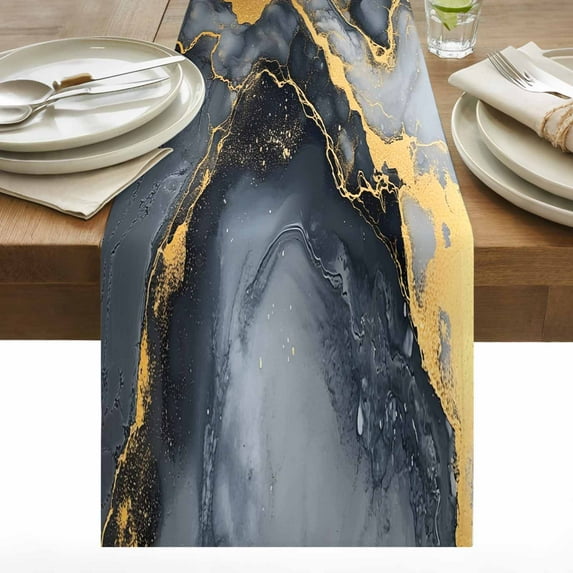 Abstract Marble Texture Table Runner 13x90 inch Gold Black Crack ...