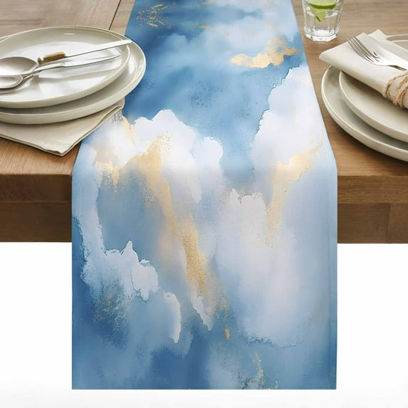 Abstract Marble Texture Table Runner 13x90 inch Golden Blue Gradient ...
