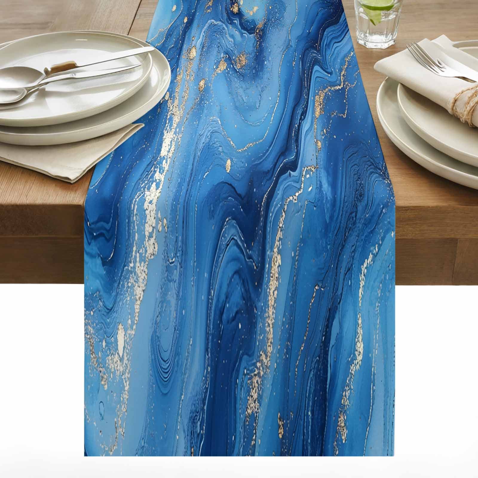 Abstract Marble Texture Table Runner 13x90 inch Sky Blue Gold Gradient ...