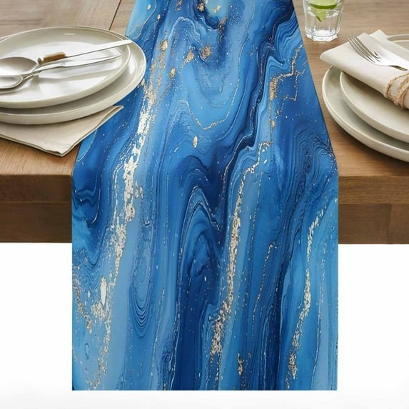Abstract Marble Texture Table Runner 13x90 inch Sky Blue Gold Gradient ...