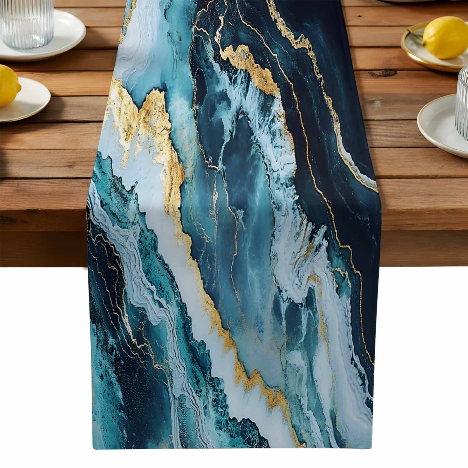 Abstract Marble Texture Table Runner, Blue Gold Modern Art Kitchen ...