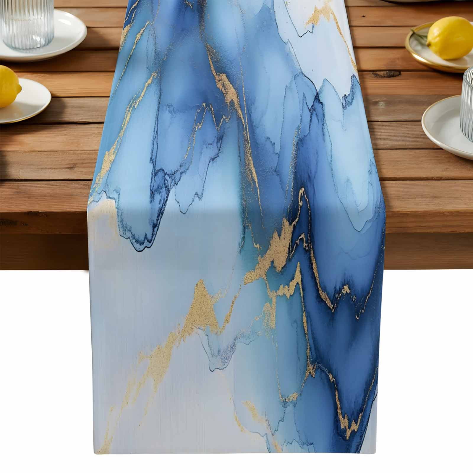 Abstract Marble Texture Table Runner, Gold Blue Gradient Modern Art ...