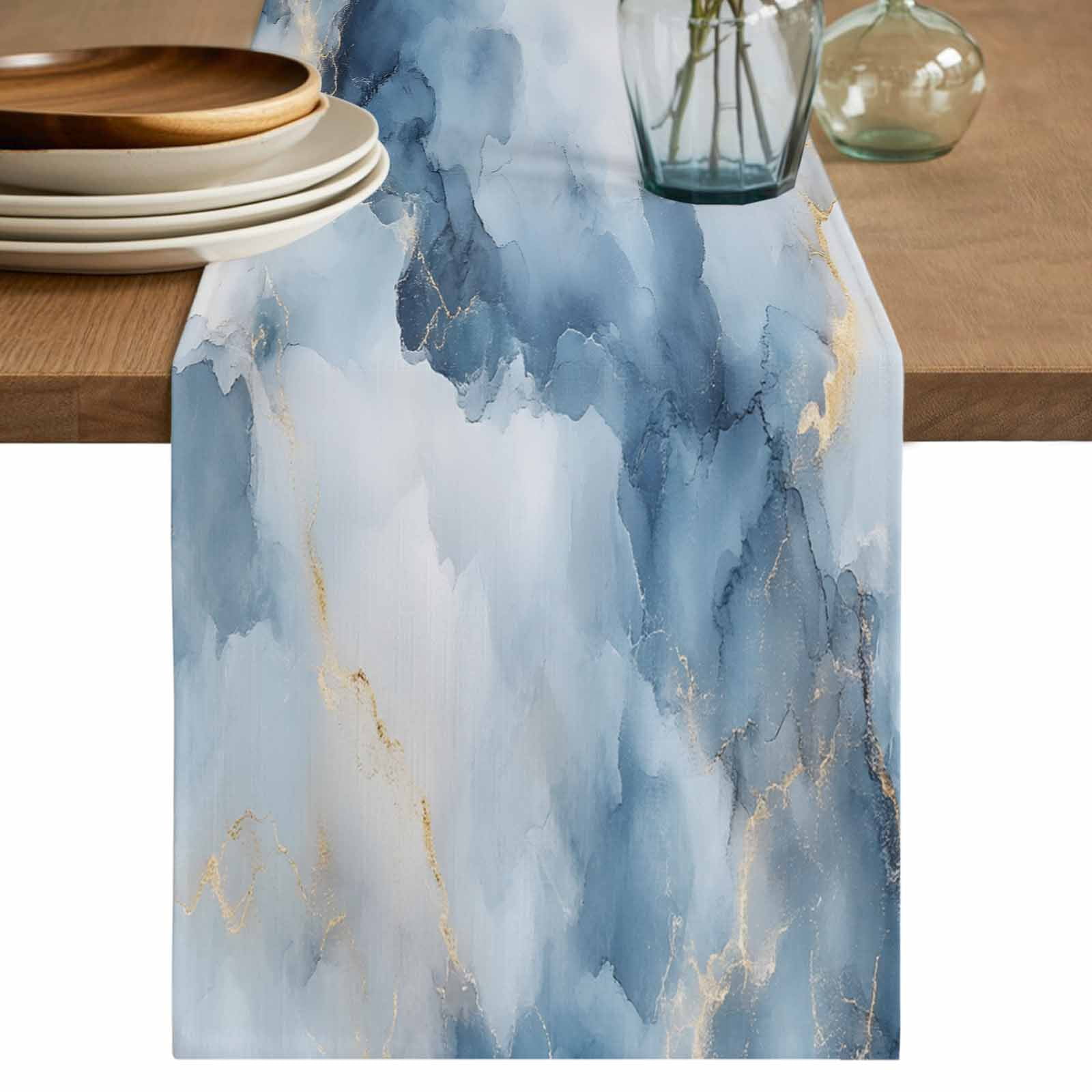 Abstract Marble Texture Table Runner, Navy Blue Gradient Gold Crack Art ...