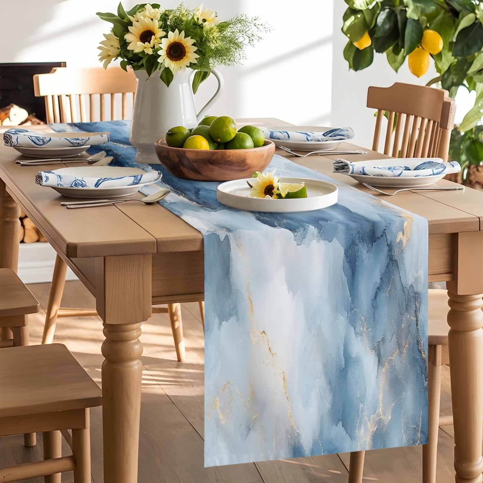 Abstract Marble Texture Table Runner, Navy Blue Gradient Gold Crack Art ...