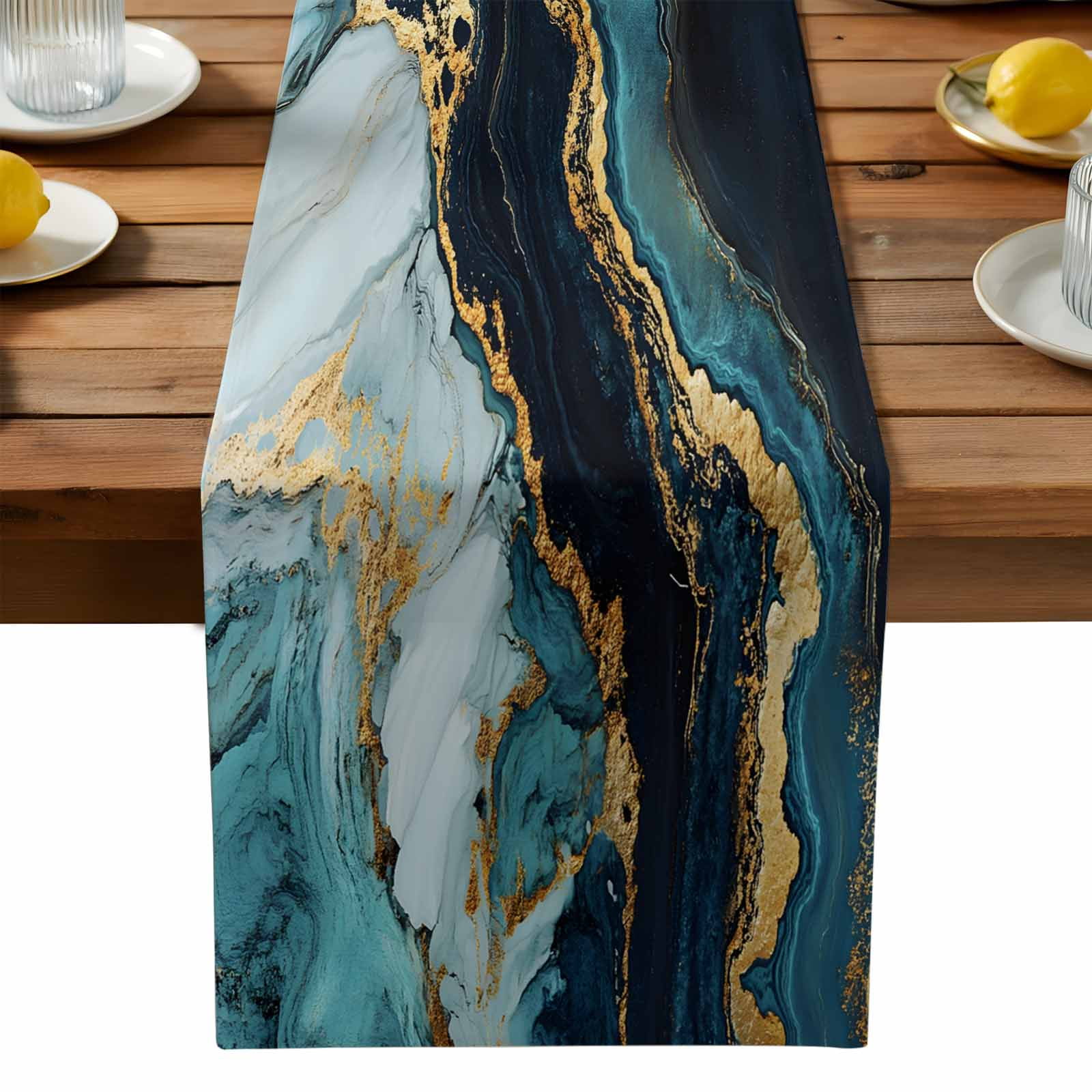 Abstract Marble Texture Table Runner, Teal Gold Black Modern Art ...