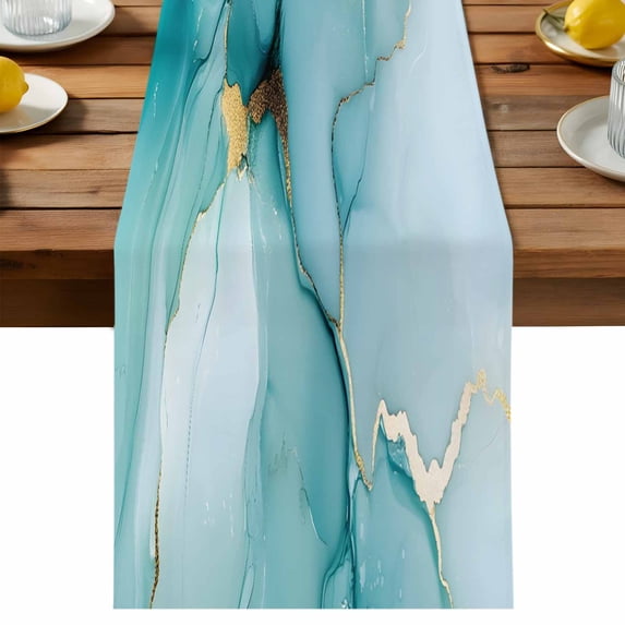 Abstract Marble Texture Table Runner, Teal Gradient Art Cotton Linen ...