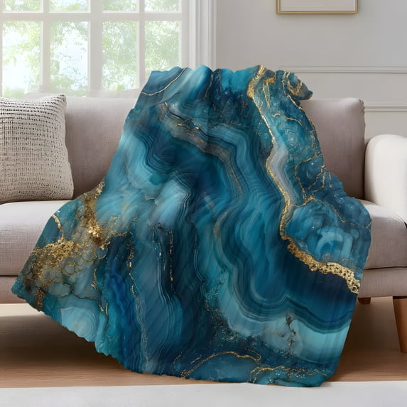 Abstract Marble Texture Throw Blanket for Couch Gradient Gold Deep Blue ...