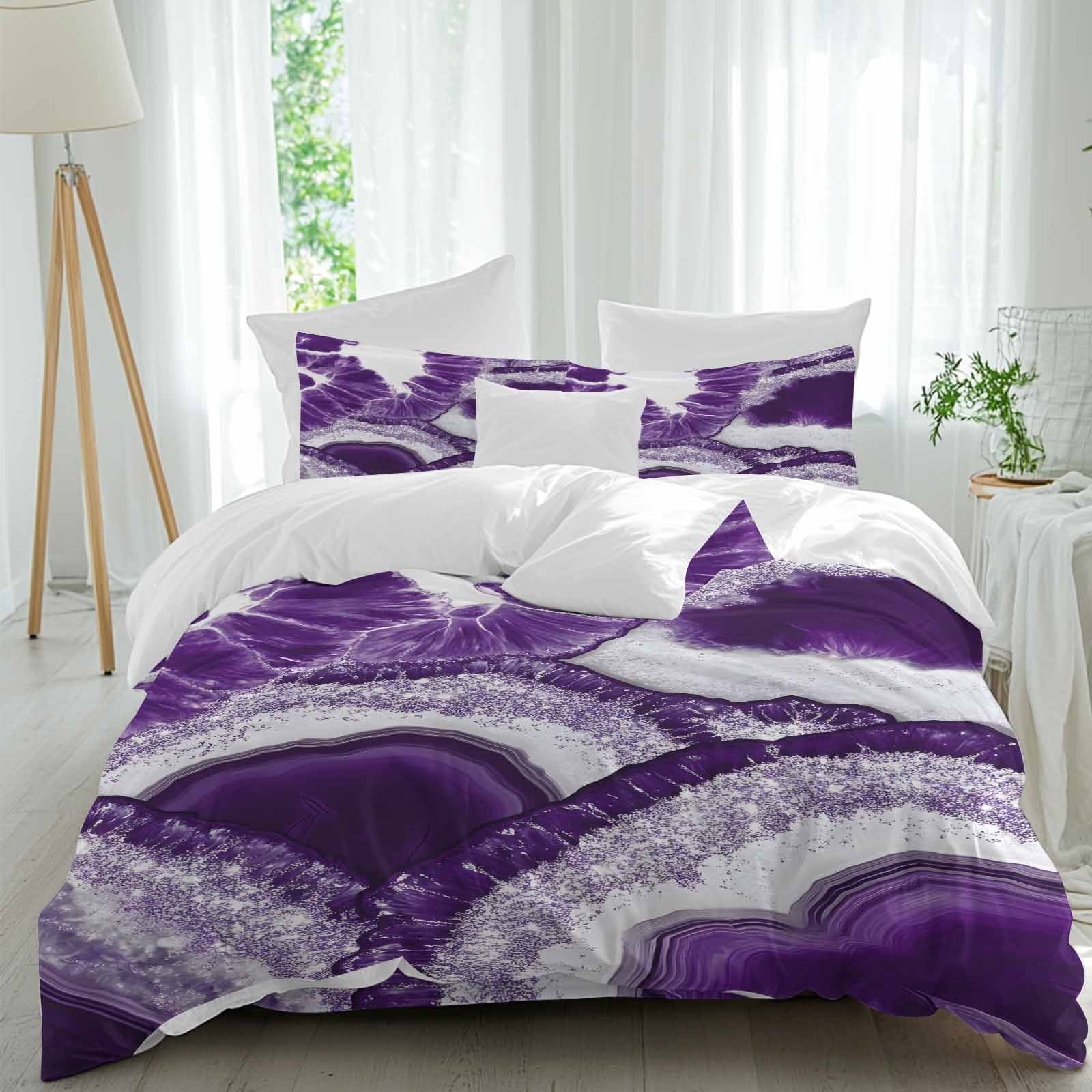Abstract Marble Texture Twin Duvet Cover Set, White Dark Purple Cracke ...