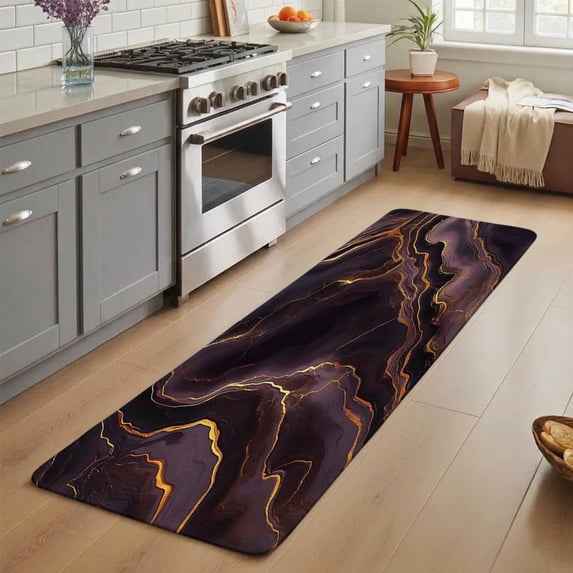 Abstract Marble Texture Washable Runner Rug 1.4x4 ft Purple Gold Modern ...