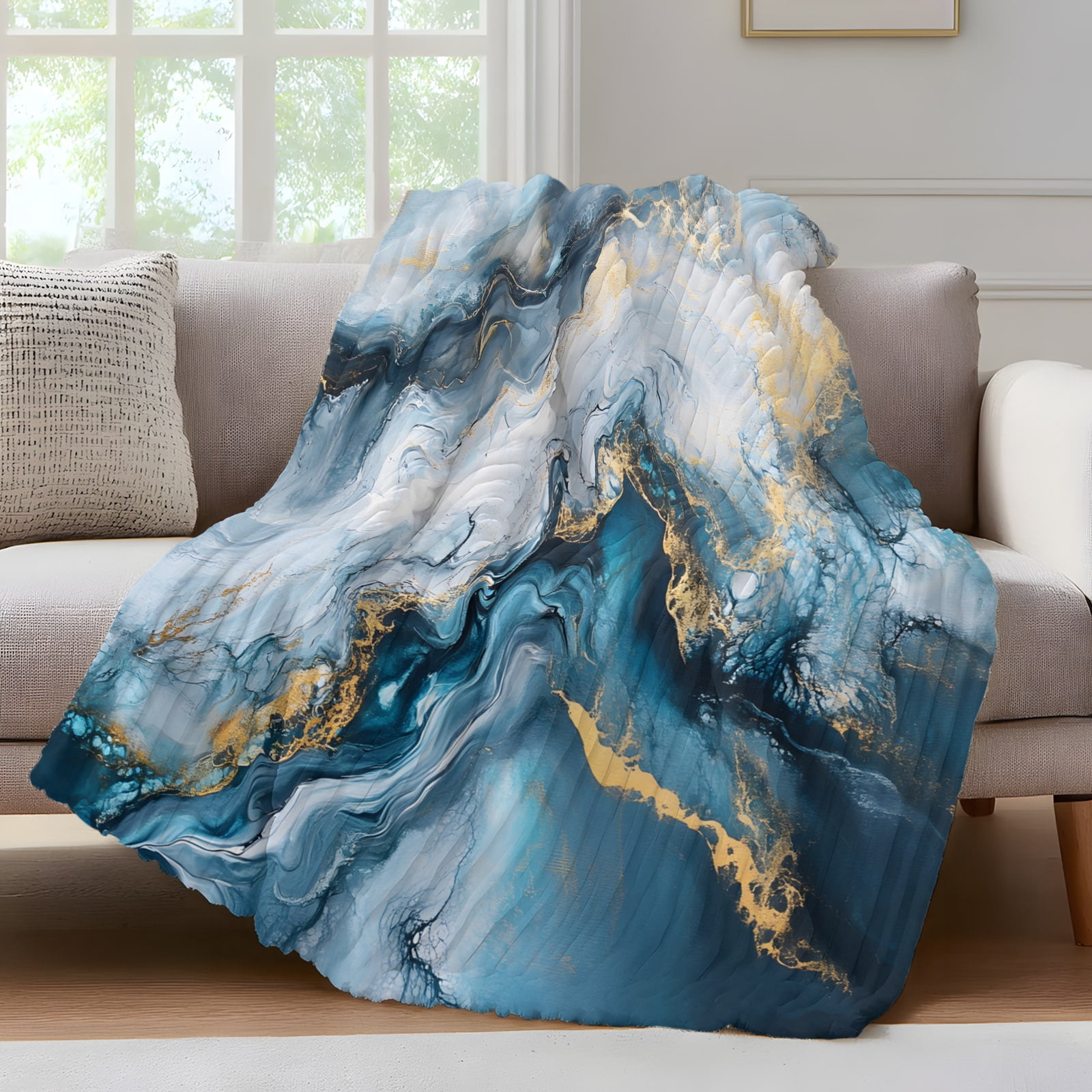 Abstract Marble Throw Blanket for Couch Gradient Blue Gold White ...