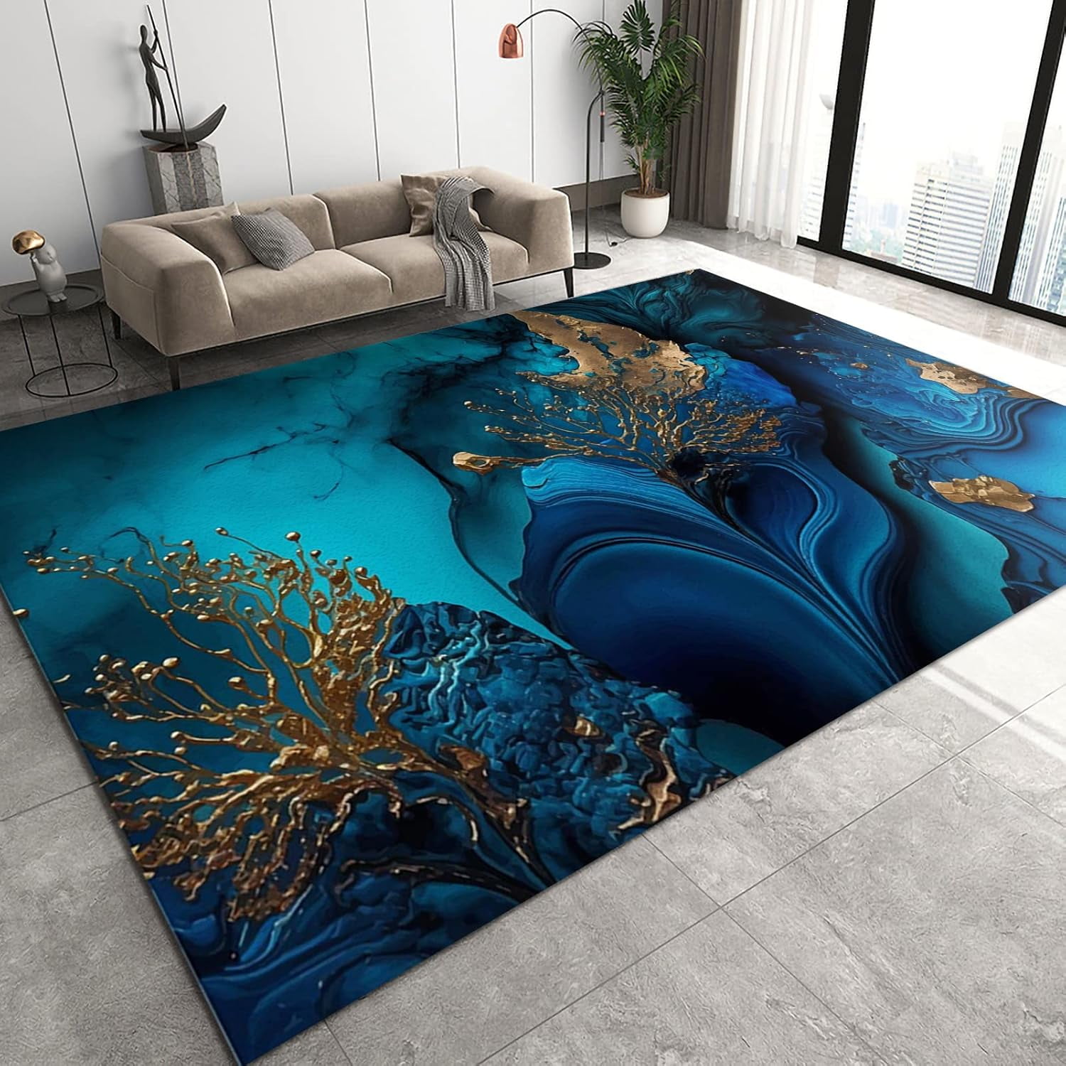 Abstract Marble Turquoise Area Rugs, Gilded Modern Blue Green Fluid ...