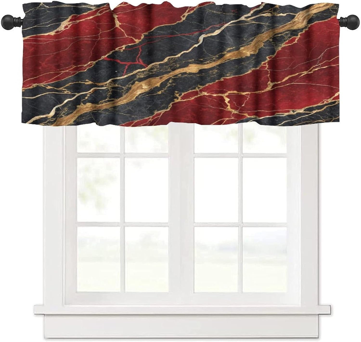 Abstract Marble Valance Curtain, Foil Texture Red Veins Jade Gold ...