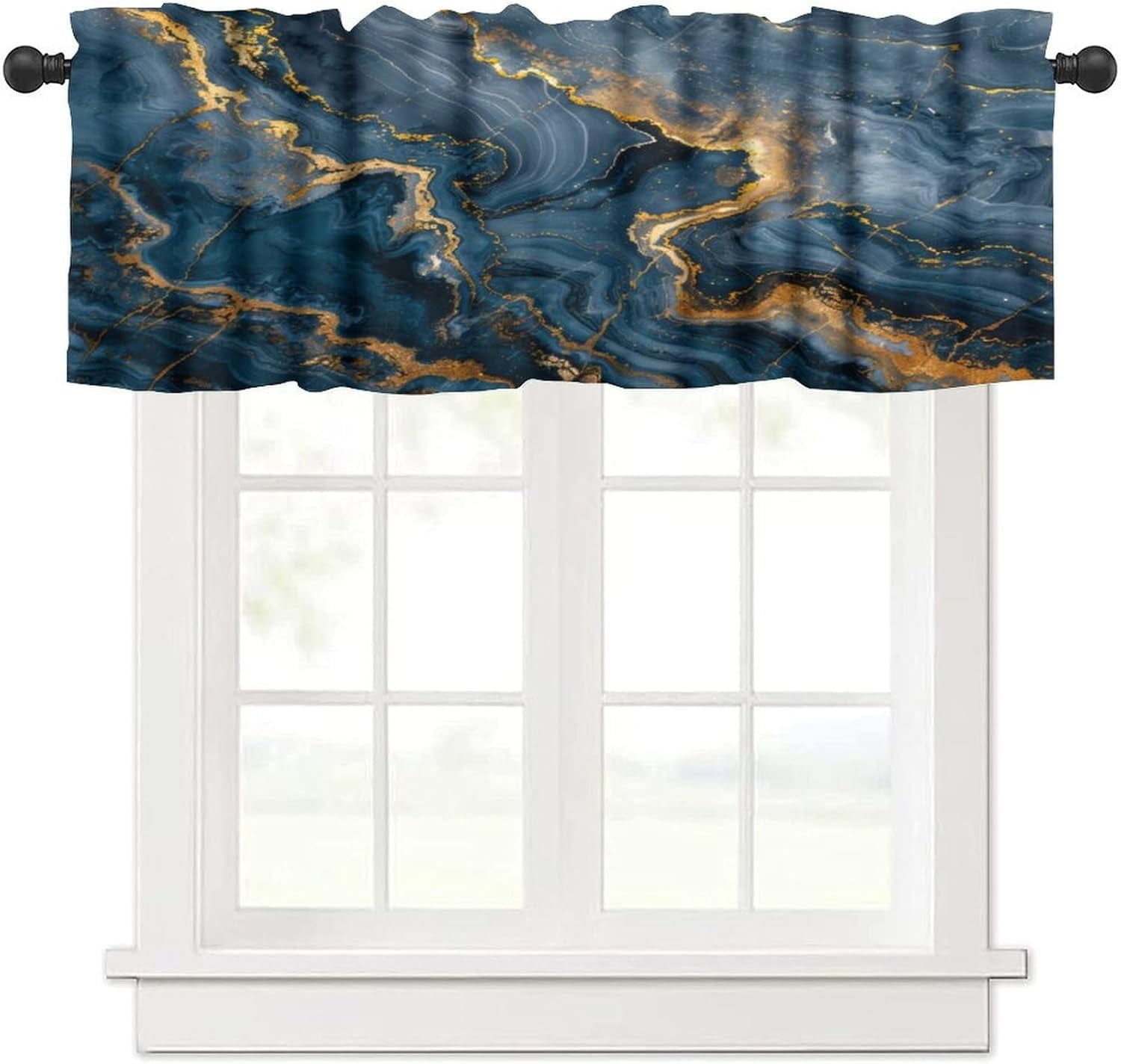 Abstract Marble Valance Curtains,Blue Veins Jade Gold Rod Pocket ...
