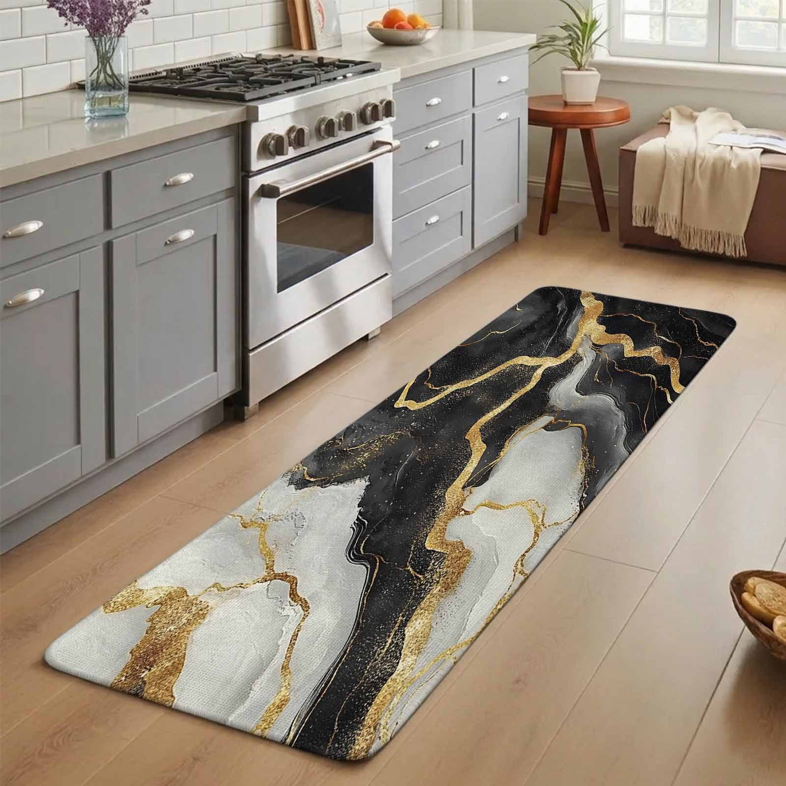 Abstract Marble Washable Runner Rug 3X7 ft Gold Texture Simple Black ...