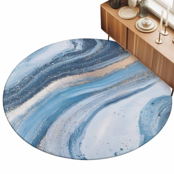 Abstract Marble Waves Texture Area Rugs 4' (Round) Gradient Blue Gold ...