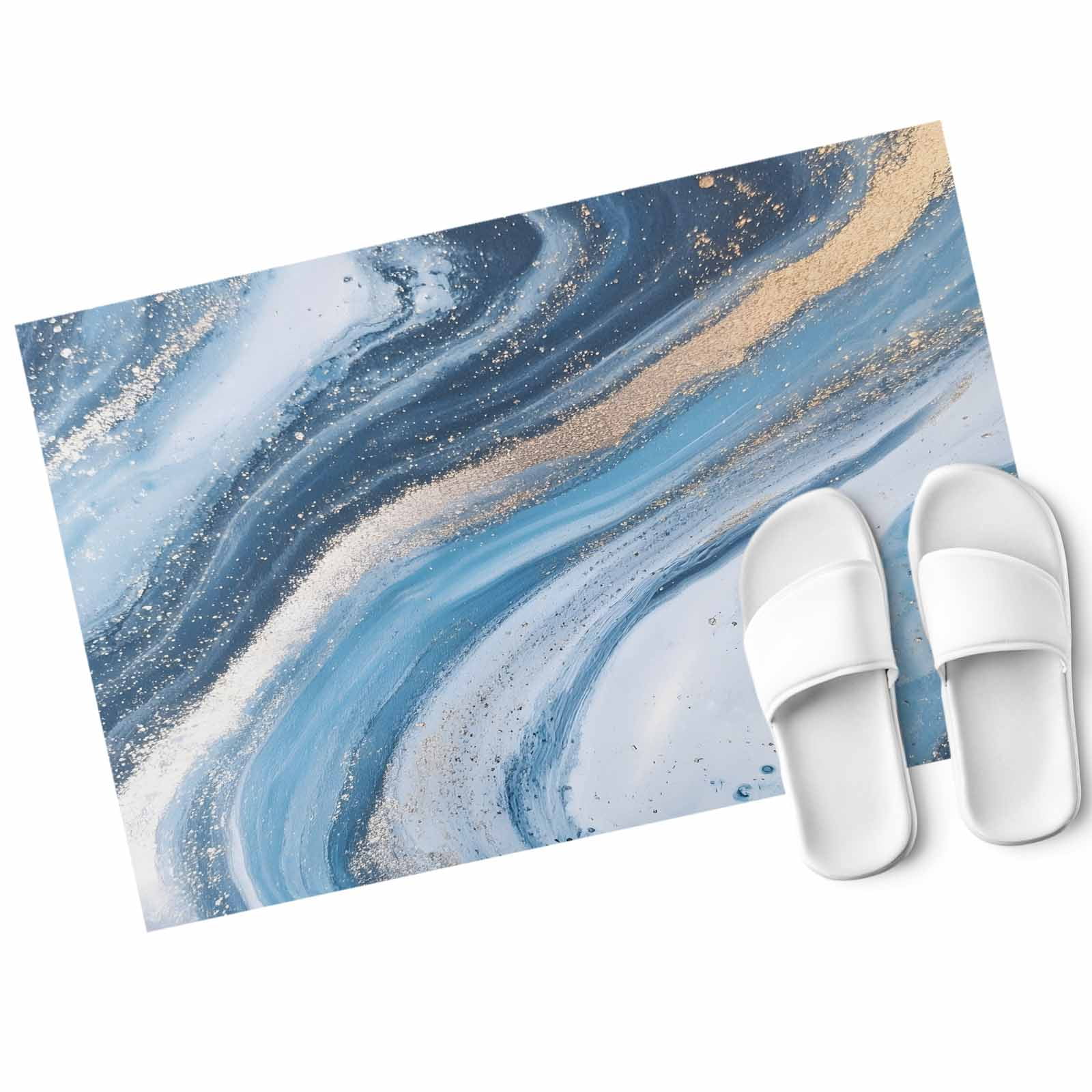 Abstract Marble Waves Texture Door Mat Gradient Blue Gold Art Non Slip ...