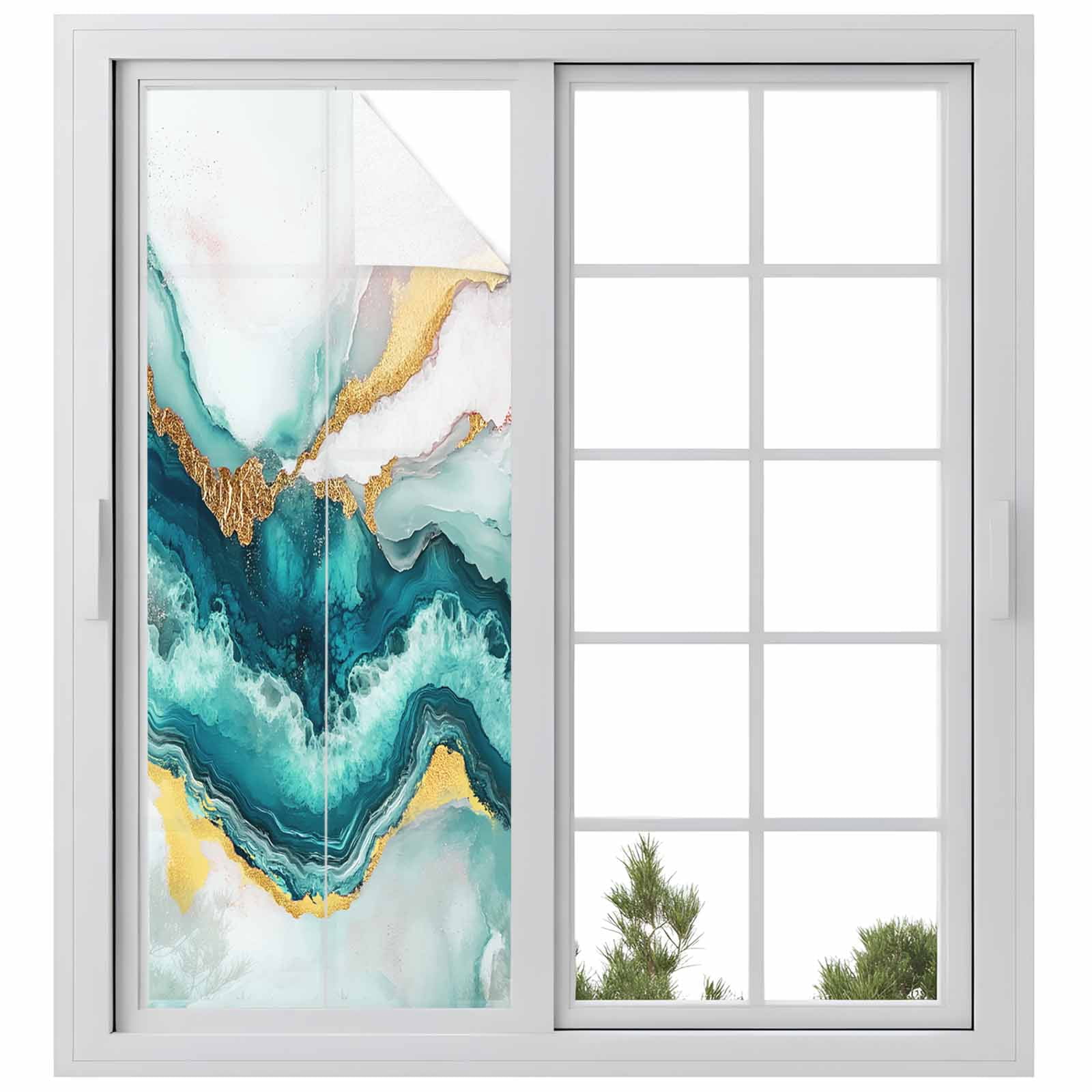 Abstract Marble Window Privacy Film, Turquoise Abstract Golden Foil ...
