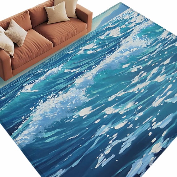 Abstract Marine Wave Rectangle Area Rug 8x10 ft Impressionist Blue ...