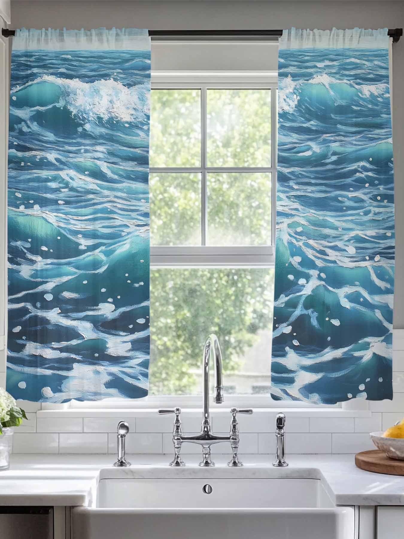 Abstract Marine Waves Sheer Curtains 72 Inches Long 2 Panels ...