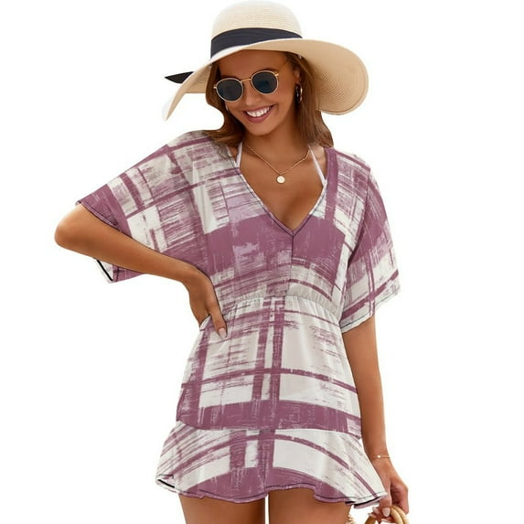 Abstract Mauve Grid Texture Beach Cover Ups Women V Neck Short Sleeve ...
