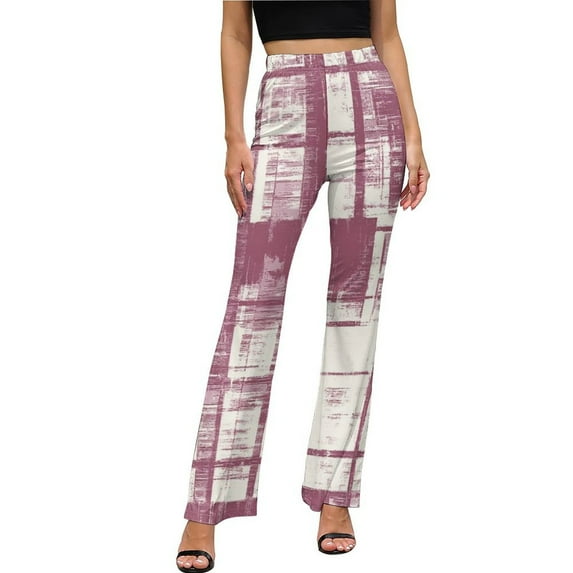 Abstract Mauve Grid Texture High Waisted Casual Flared Trousers Summer ...