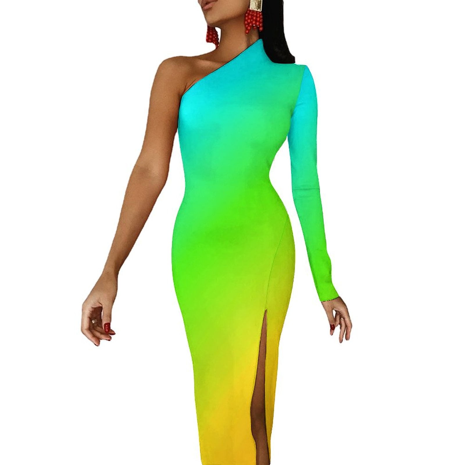Abstract Maxi Dress One Shoulder Gradient Club Bodycon Dress Autumn ...