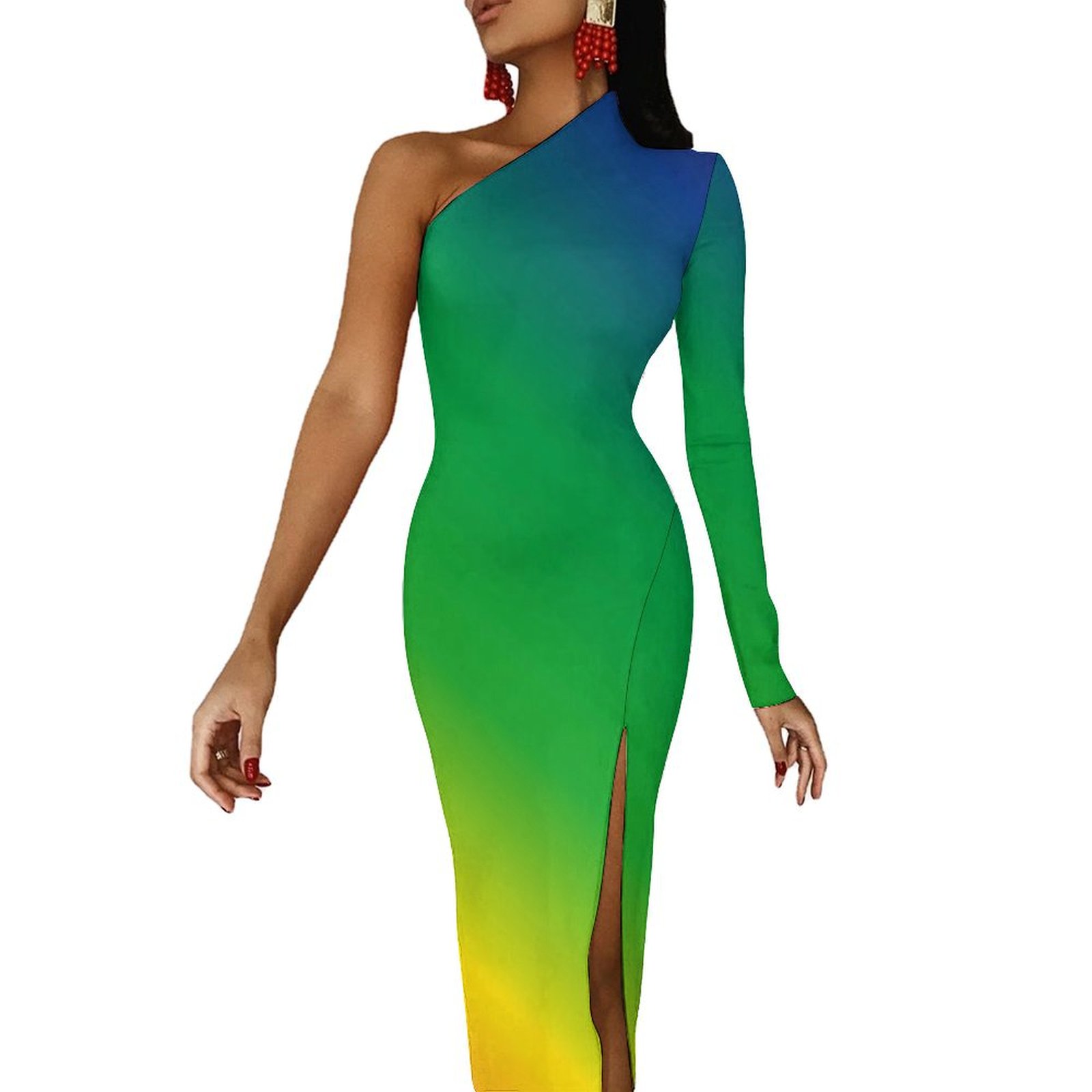 Abstract Maxi Dress One Shoulder Gradient Club Bodycon Dress Autumn ...