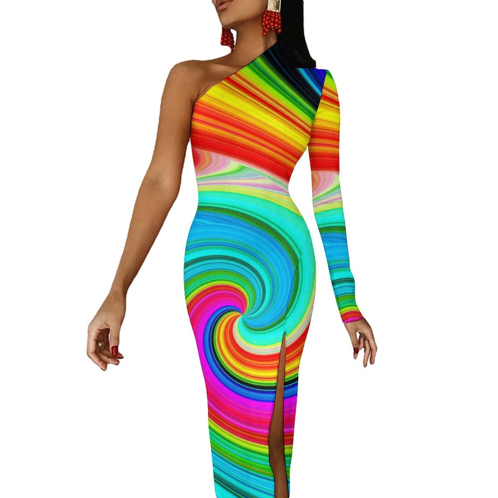 Abstract Maxi Dress One Shoulder Gradient Club Bodycon Dress Autumn ...