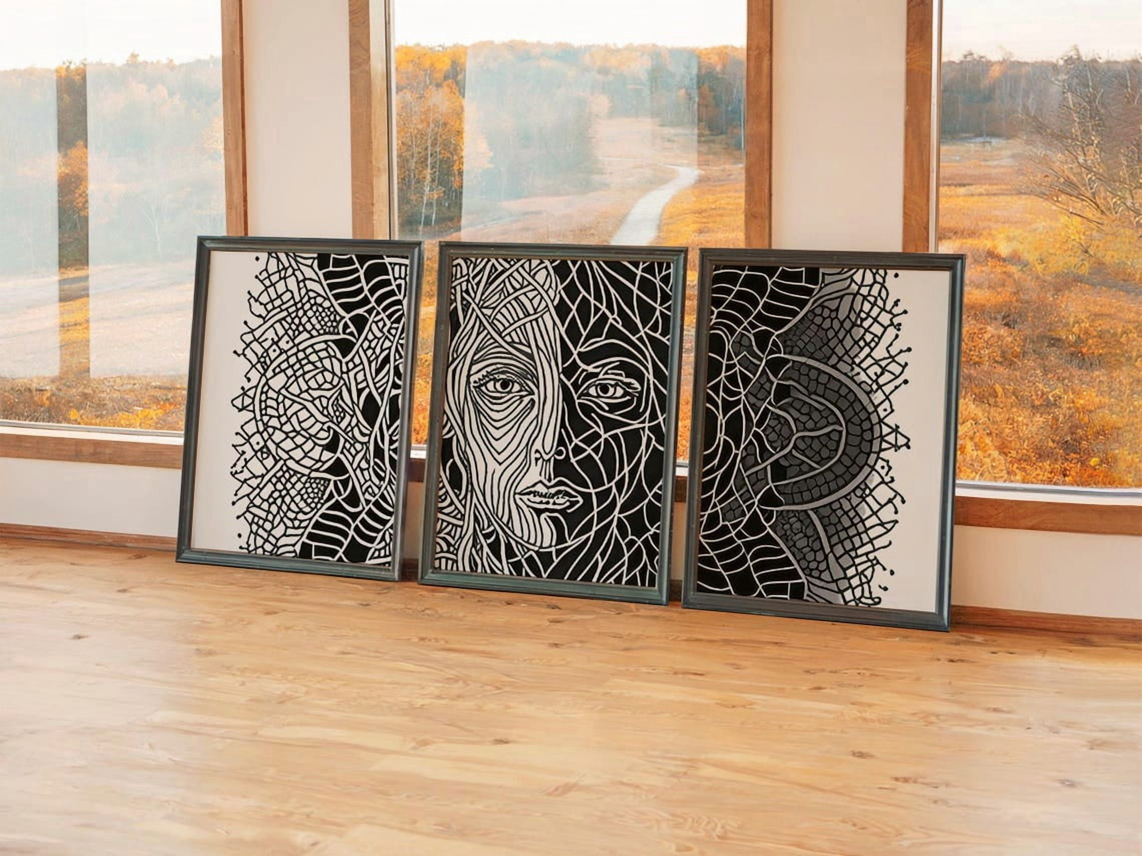 Abstract Maze Face Prints Set Of 3, Monochrome Graphic Portrait Wall ...