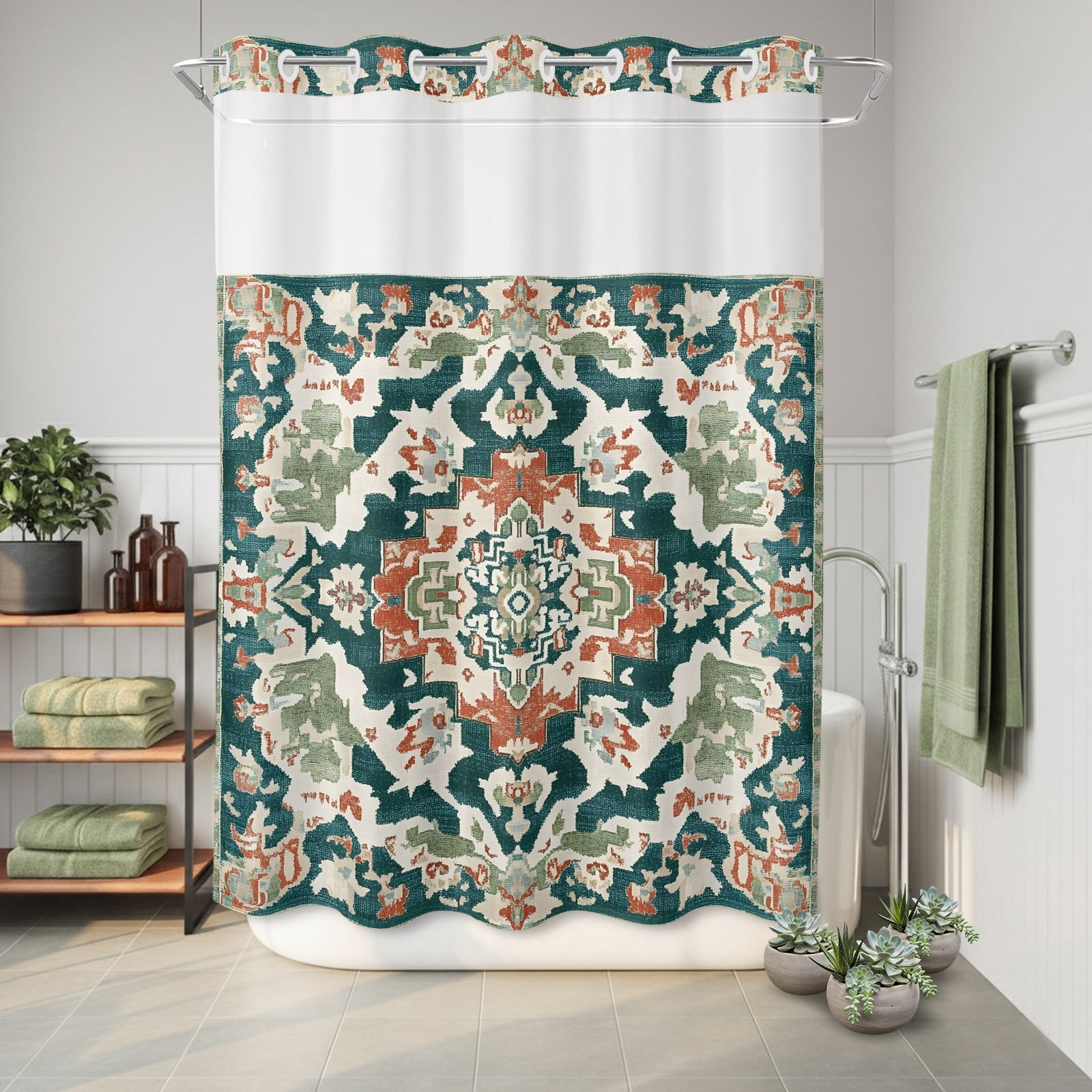 Abstract Medieval Flowers No Hook Shower Curtain with See Through Top ...