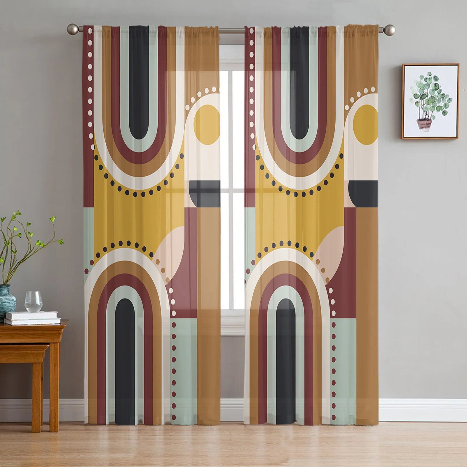 Abstract Medieval Geometry Bedroom Transparent Sheer Curtains Holiday ...