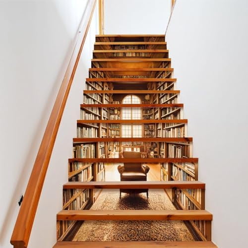 Abstract Mid Century Castle Bookshelf Stair Stickers Self Adhesive ...
