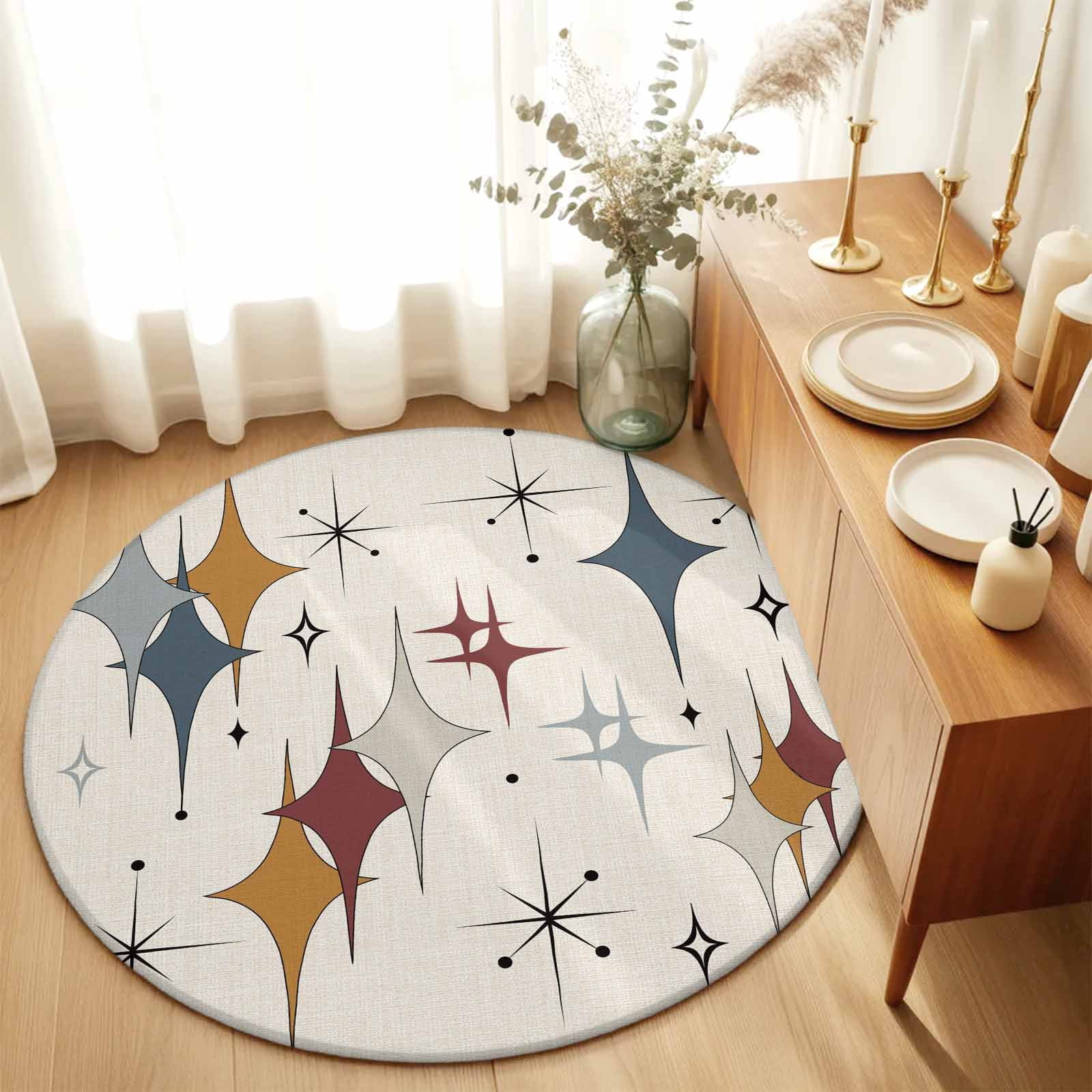Abstract Mid Century Diamond Round Rug 3ft Modern Geometric Art Burlap ...