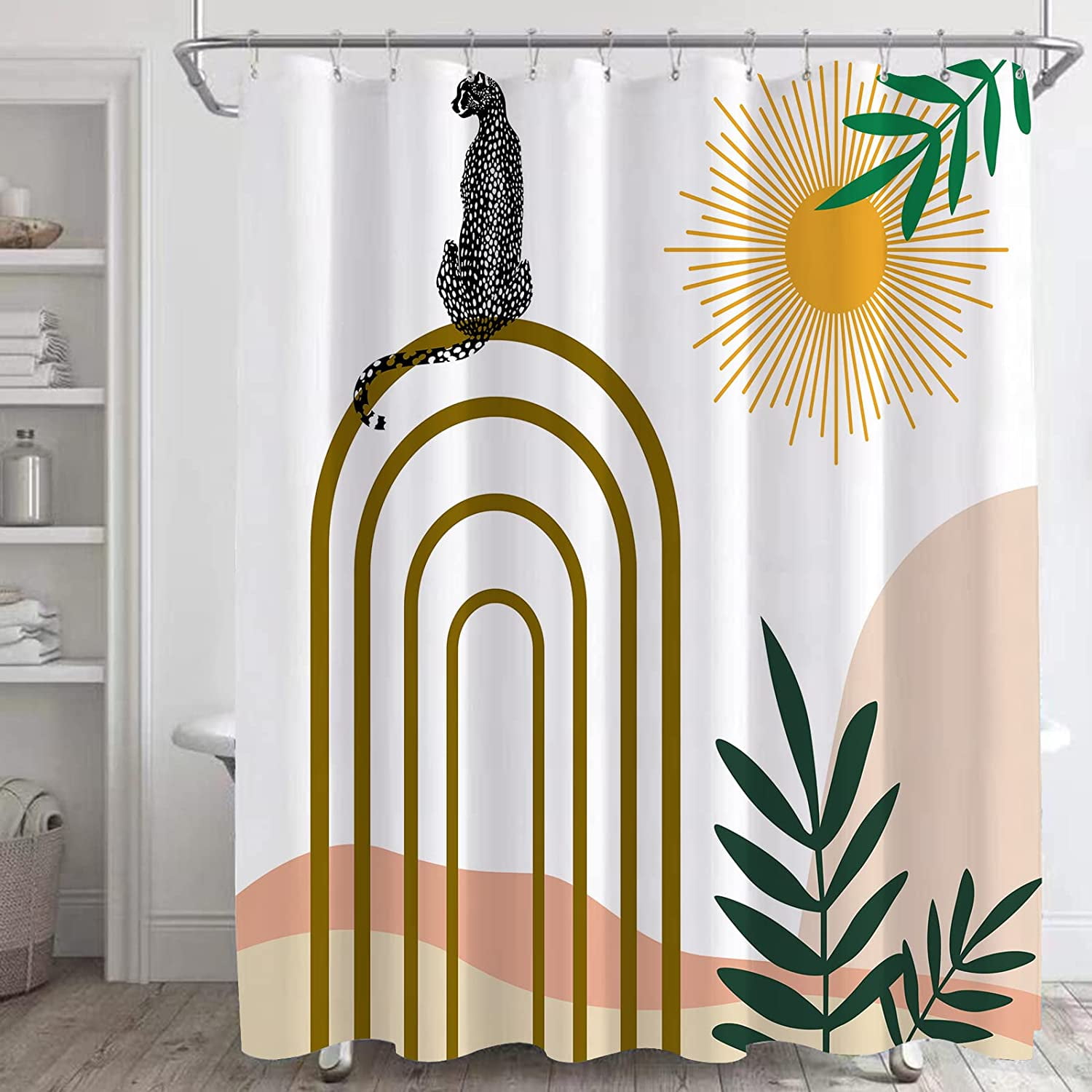 Abstract Mid Century Fabric Shower Curtain, Boho Arch Sun Cheetah Shower Curtains Sets for ...