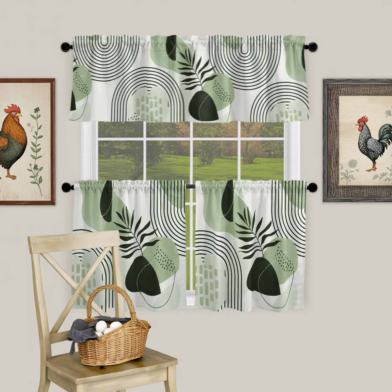 Abstract Mid Century Green Color Block Curtain Tier and Valance Set 3 ...