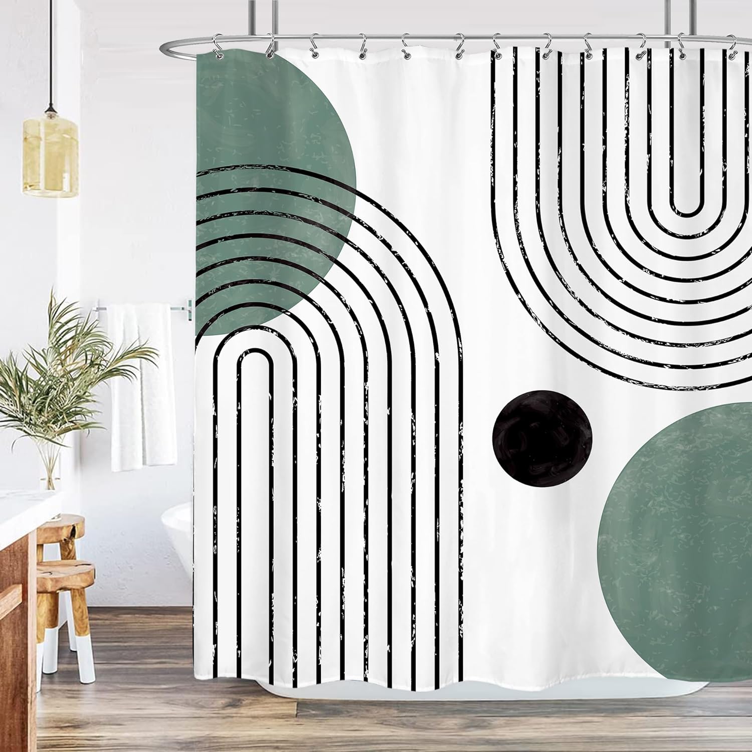 Abstract Mid Century Shower Curtain 60Wx72H Inches Boho Green Black Arch Geometric Minimalist ...