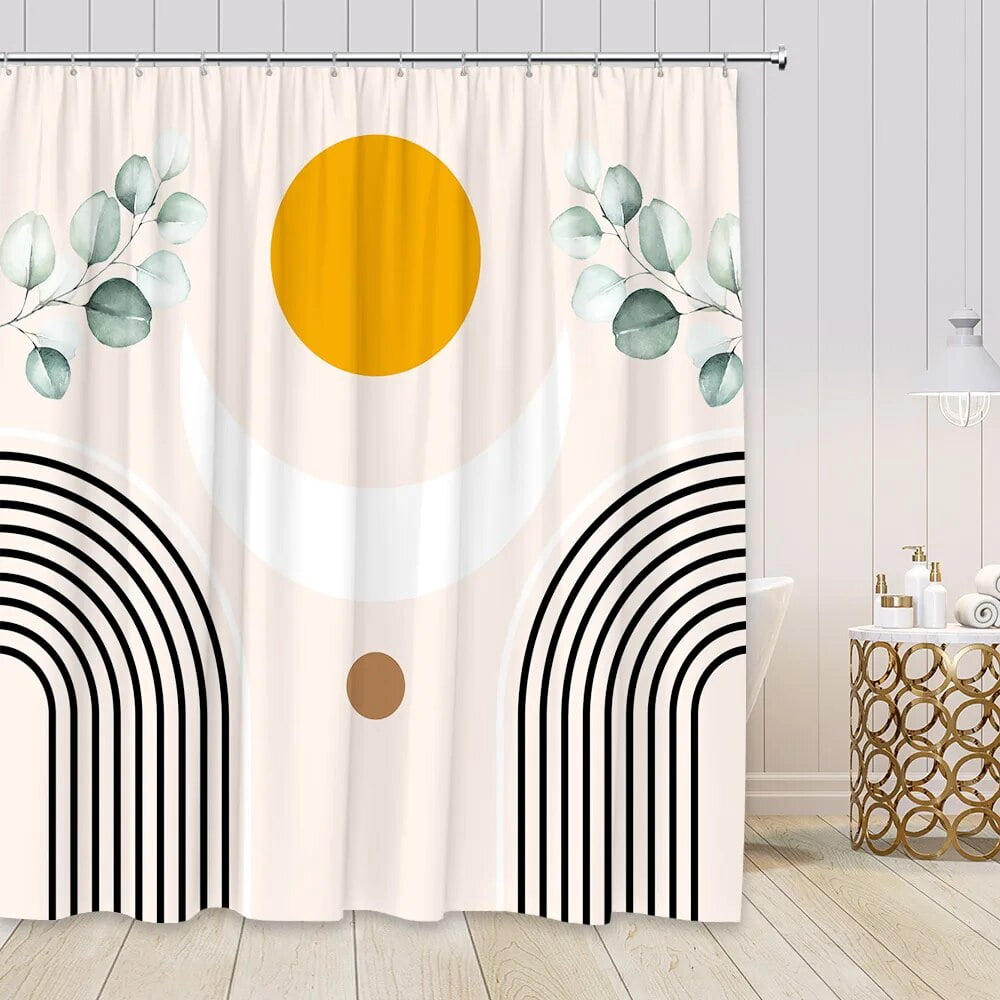 Abstract Mid Century Shower Curtains Geometric Modern Boho Green Plant ...