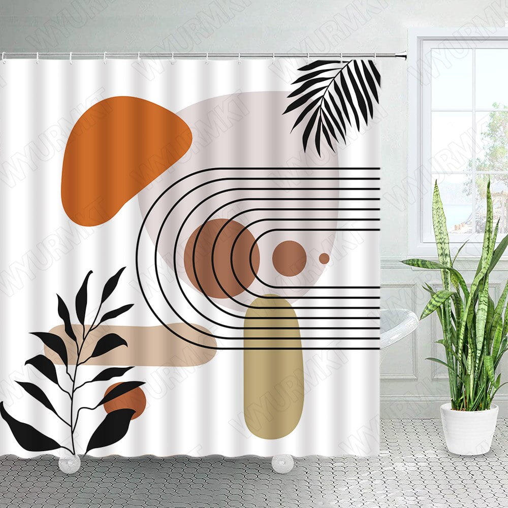 Abstract Mid Century Shower Curtains Green Leaves Black Lines Creative